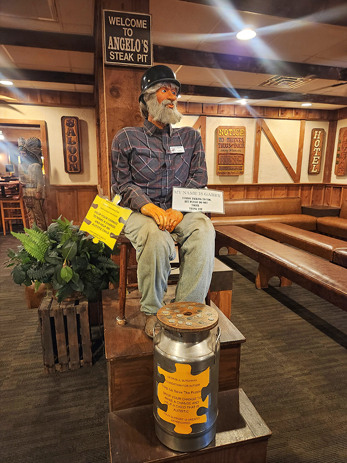 Meet "Gabby," the whimsical wooden greeter who's been collecting spare change and amusing diners for generations.