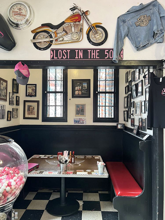 "Lost in the 50s" indeed! Motorcycle memorabilia and vintage photos transport you to simpler times when calories weren't counted.