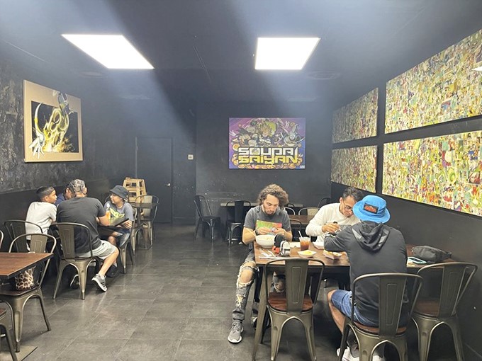 Fellow diners lost in the meditative act of noodle consumption. In the anime world of Soupa Saiyan, everyone's united by the universal language of good food.