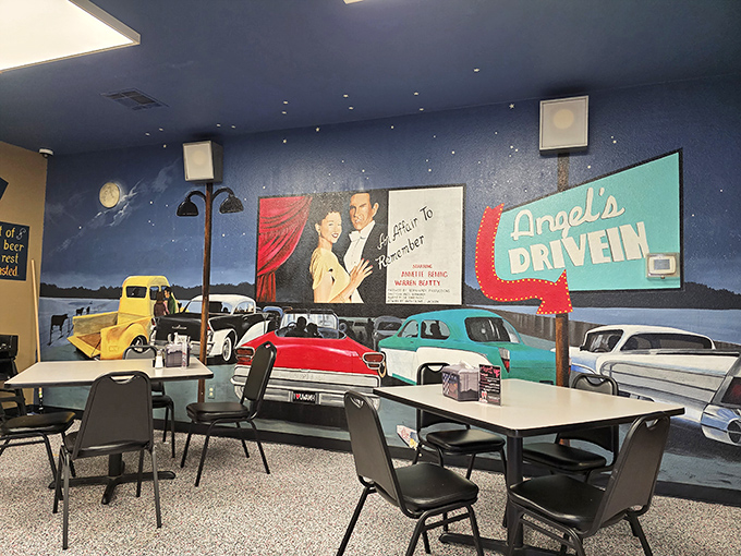 That drive-in mural doesn't just decorate the wall&mdash;it transports diners to evenings when dinner and a movie happened in the same place.