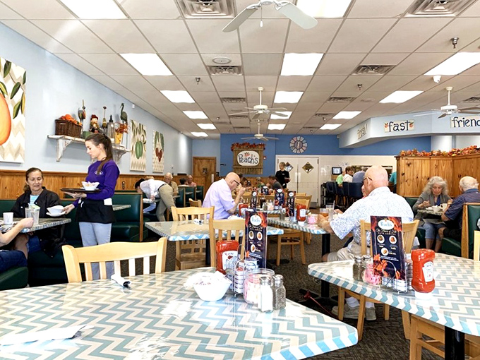 Blue walls, wooden chairs, and chevron tablecloths create that perfect Florida diner atmosphere – casual enough for flip-flops, good enough for foodies.