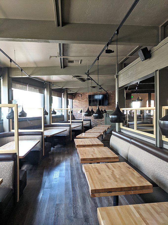 Clean lines, warm wood, and comfortable booths create a dining room that invites you to linger just a little longer over that second cup of coffee.