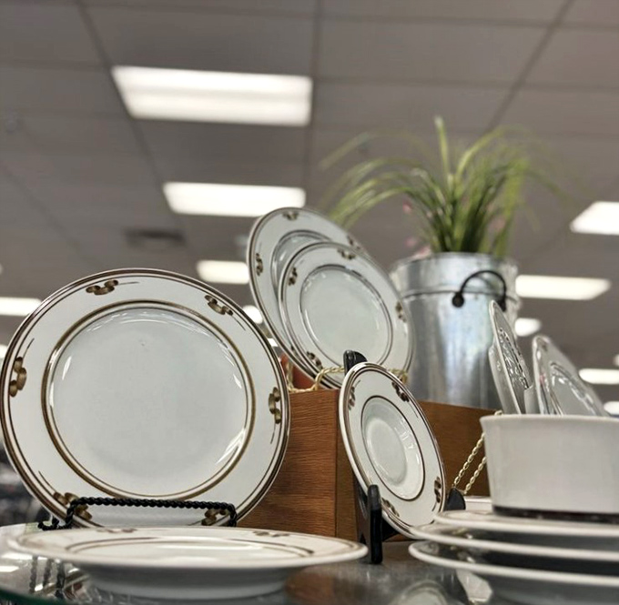 Elegant china plates with gold trim stand ready for their encore performance at your next dinner party or holiday gathering.