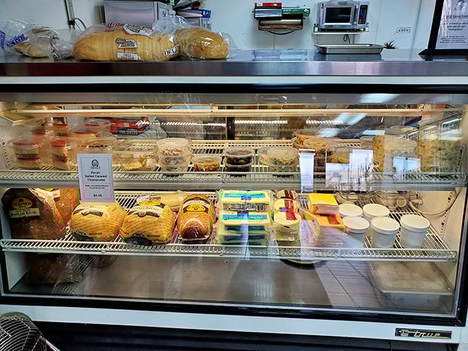 A display case that's basically a museum of deliciousness. Each container holds potential joy, waiting to become part of your perfect sandwich experience.