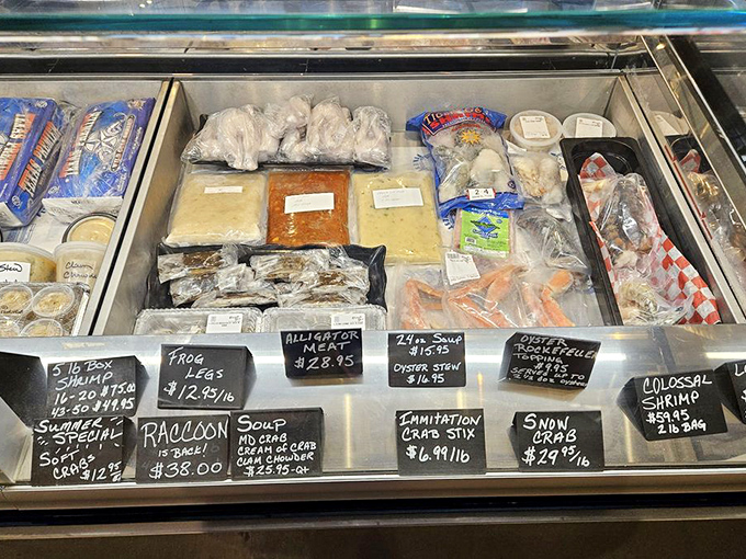 A display case offering treasures from the Chesapeake and beyond. Even "imitation crab stix" somehow look legitimate in this temple of seafood.