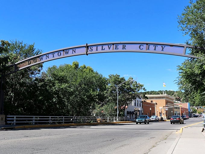 The "Downtown Silver City" arch stands as a portal to adventure, beckoning visitors into a world where the Old West meets artistic renaissance.