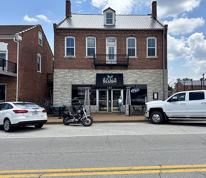 Behind this historic storefront, Doxie Slush serves up refreshing treats perfect for cooling down after a day of wine tasting adventures.