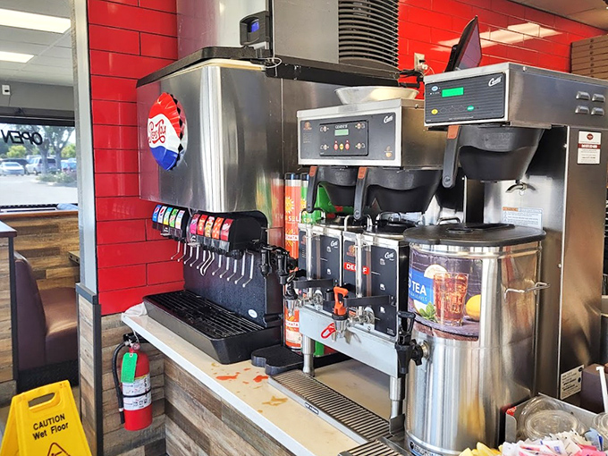 The soda fountain area isn't just about beverages&mdash;it's a hydration station where decisions about carbonation levels are taken very seriously.