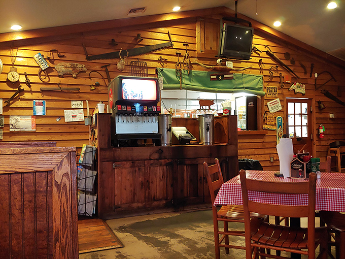This rustic service area with its fishing gear decor reminds you that someone worked hard to catch what you're about to enjoy.