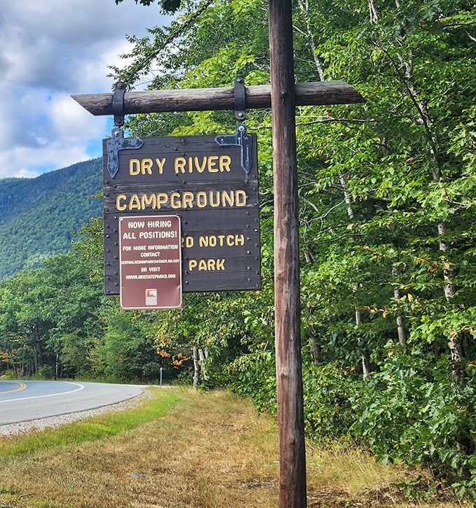 The Dry River Campground sign welcomes adventurers to what might be New Hampshire's most ironically named waterside accommodation.