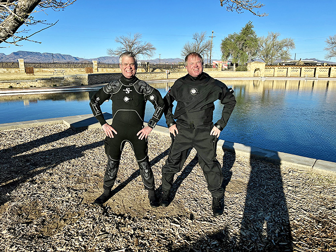 Scuba enthusiasts gear up for underwater exploration in the middle of nowhere, Texas.