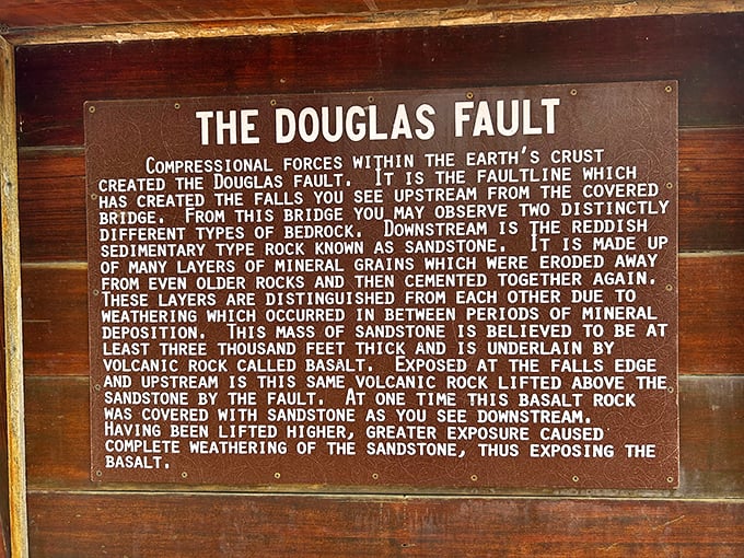 The Douglas Fault sign: where geology becomes a page-turning thriller about ancient continental drama that shaped the falls we see today.