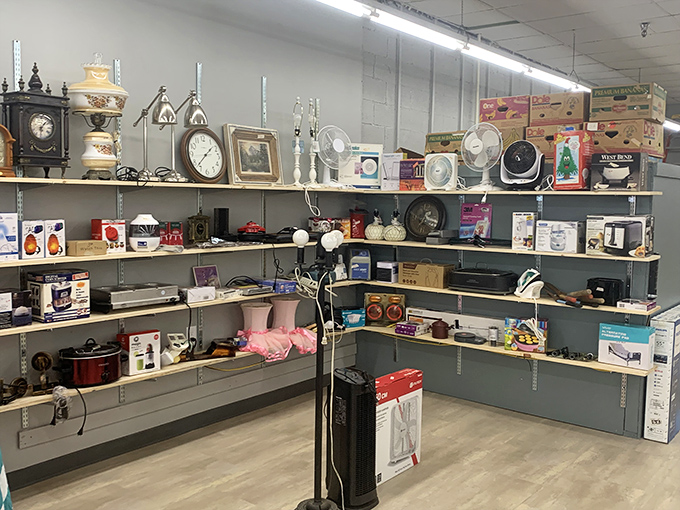 Vintage clocks, fans still in boxes, and appliances galore! This corner of electronic wonders makes you wonder why we're always chasing the newest model.