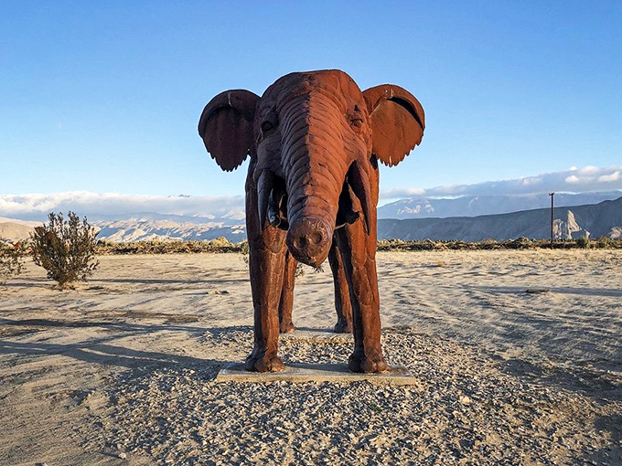 The elephant's trunk points forward as if leading visitors to the next sculpture, its massive form creating dramatic shadows at sunset.