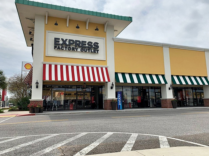Express Factory Outlet's bold storefront promises fashion salvation for those seeking workplace chic without the executive price tag.