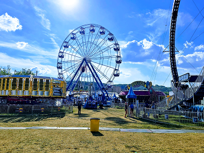 The county fair's Ferris wheel stands tall against Clearfield's blue skies, promising views and thrills that haven't changed in generations.