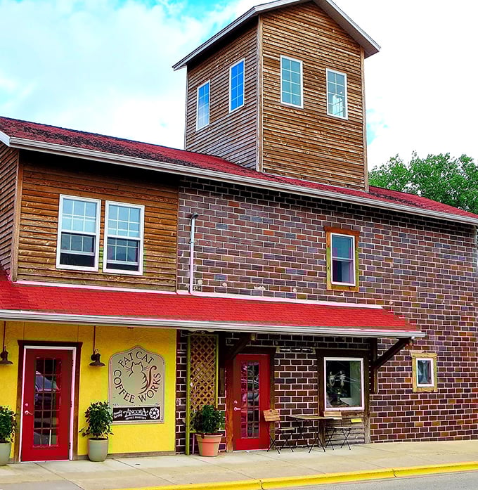 Fat Cat Coffee Works brings vibrant color to its brick building. Coffee tastes better when sipped in a place that looks like it belongs on a European postcard.