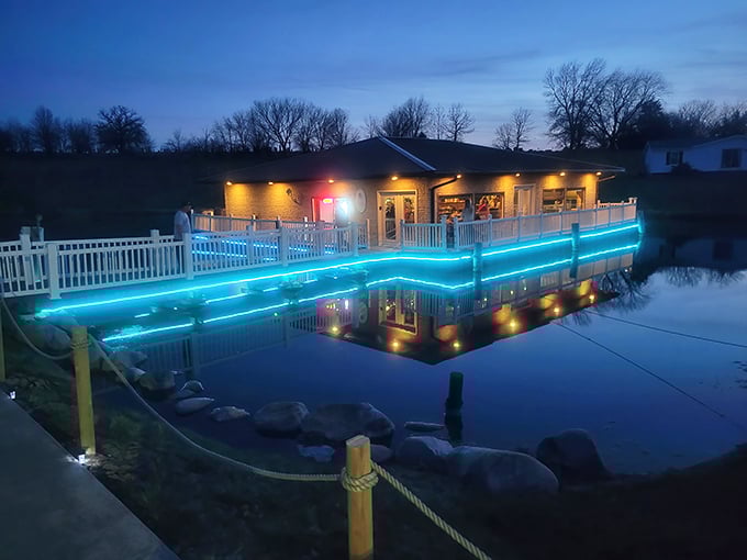 Evening transforms this waterside venue into a magical setting for floating concerts, where music notes and starlight dance across the water.