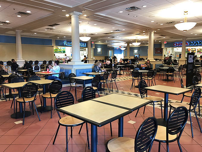 The food court: refueling station for serious shoppers who understand that bargain hunting is an Olympic-level sport requiring proper nutrition.