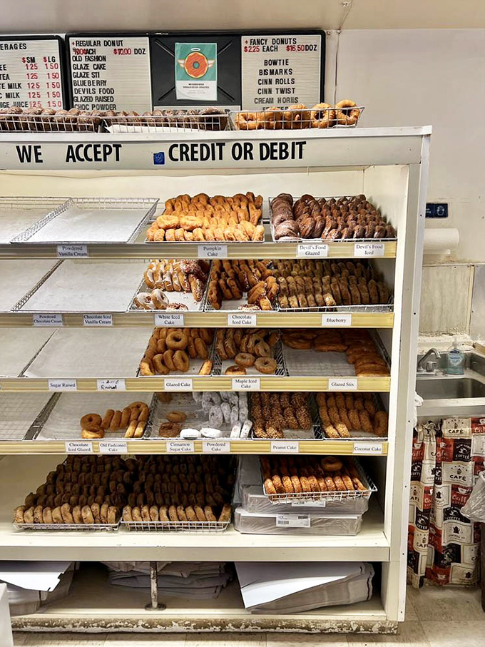 Shelf after shelf of donut varieties&mdash;like a library where every book is a bestseller and you're encouraged to devour them all.