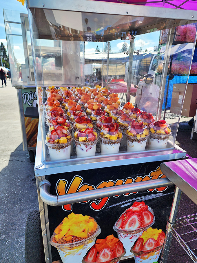 Fruit cup paradise! These strawberry and mango masterpieces are what happens when healthy eating meets dessert in the California sunshine.