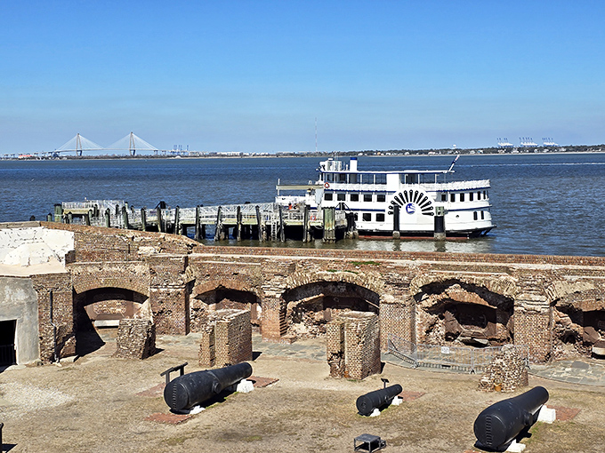 Fort Sumter's weathered walls tell America's complex story while harbor boats ferry modern visitors across the same waters where history was forever changed.