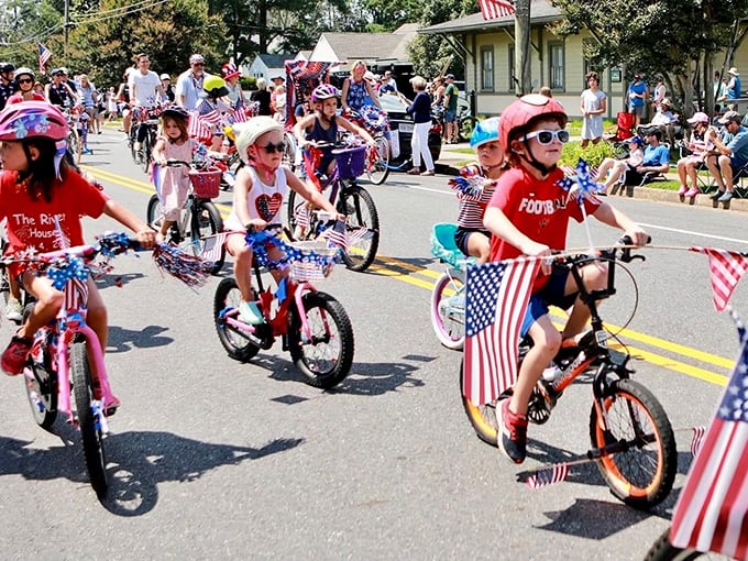 Fourth of July in Irvington means patriotic kids on bikes, proving freedom is best expressed through streamers and training wheels.