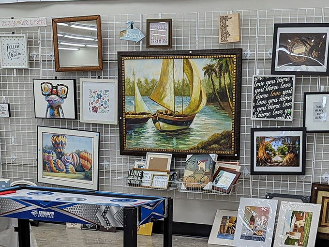 The accidental art gallery. That sailboat painting might be exactly what your guest bathroom has been missing all these years.