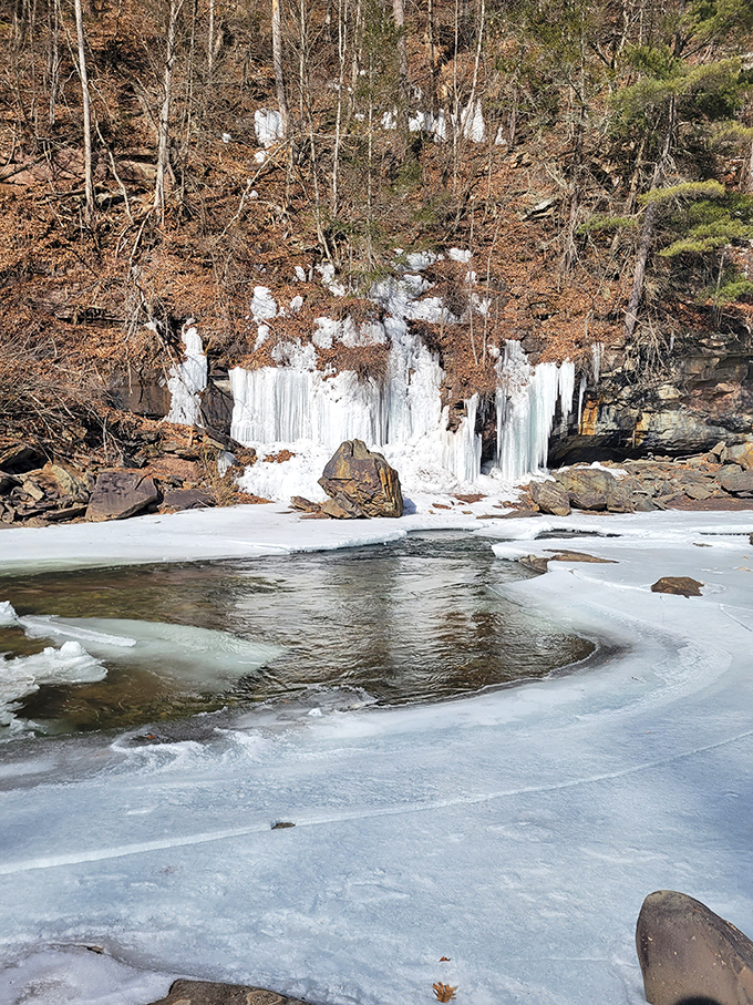 Winter's artistic side on full display&mdash;frozen waterfalls transform the landscape into nature's own ice sculpture gallery.