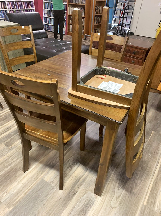 Solid wood dining sets that have hosted countless family dinners now await their next chapter of spilled milk and holiday gatherings.