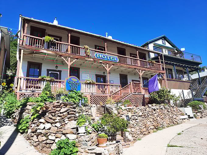 The Ghost City Inn offers hillside hospitality with a side of history, its wooden balconies providing front-row seats to Arizona's most vertical small town.