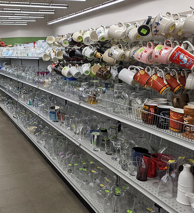Glassware and mugs hanging like an art installation of everyday life. That holiday mug collection could be yours without the decades of accumulation.