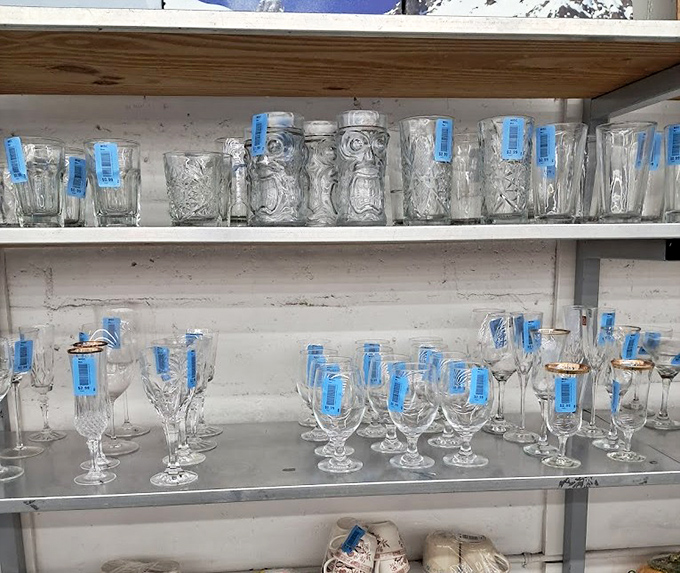 Crystal and glassware that survived decades of dinner parties now await new tables to grace, each with blue tags of affordability.