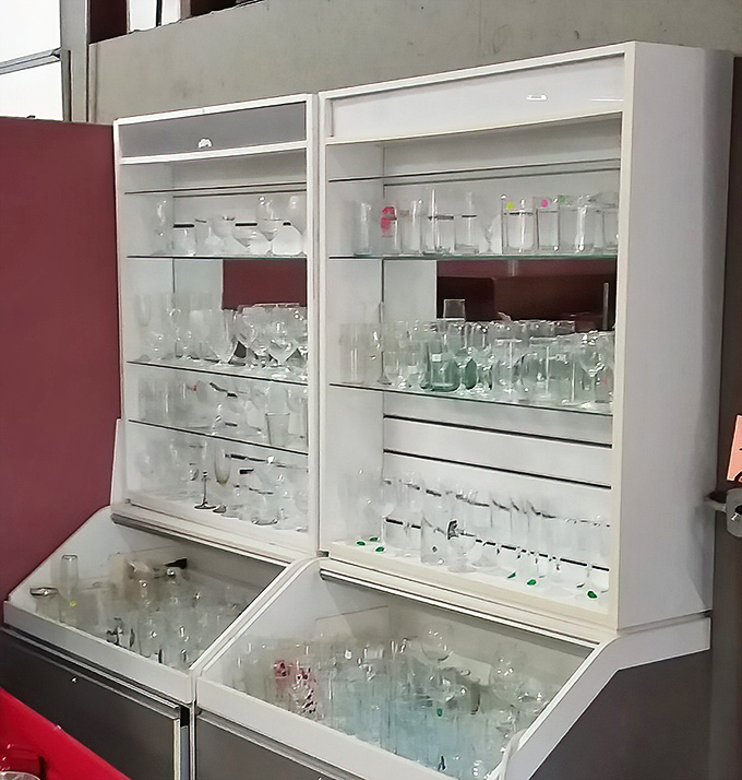 Crystal clear opportunities sparkle in the glassware section, where vintage stemware and vases await their second act in your home.