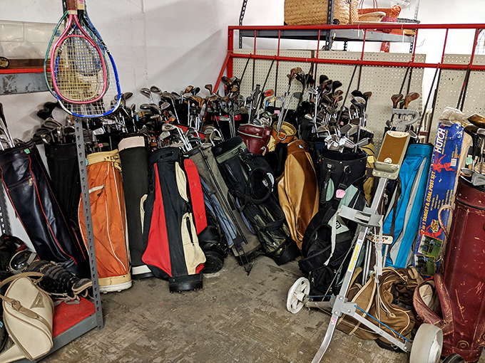 Golf enthusiasts, take note! This corner holds enough clubs to outfit a small tournament – previous swings included at no extra charge.