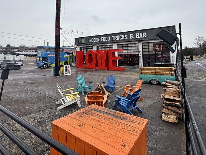 The Grateful Shed's colorful chairs and "LOVE" sculpture create the perfect spot for contemplating life's big questions, like "Another beer?"