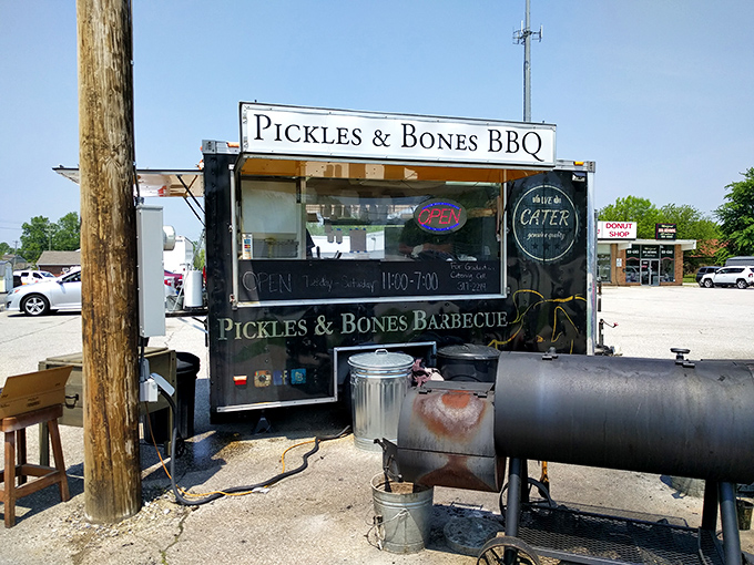 What appears to be a food truck shows Pickles & Bones' humble beginnings. Every barbecue empire starts with a dream and a smoker.