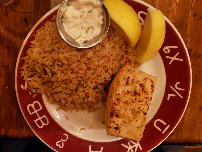 Halibut that's traveled from ocean to mountain, looking perfectly at home beside that golden rice pilaf.