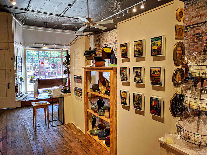 Inside the Arts Council, exposed brick walls and wooden floors create the perfect canvas for displaying local creativity in this light-filled space.