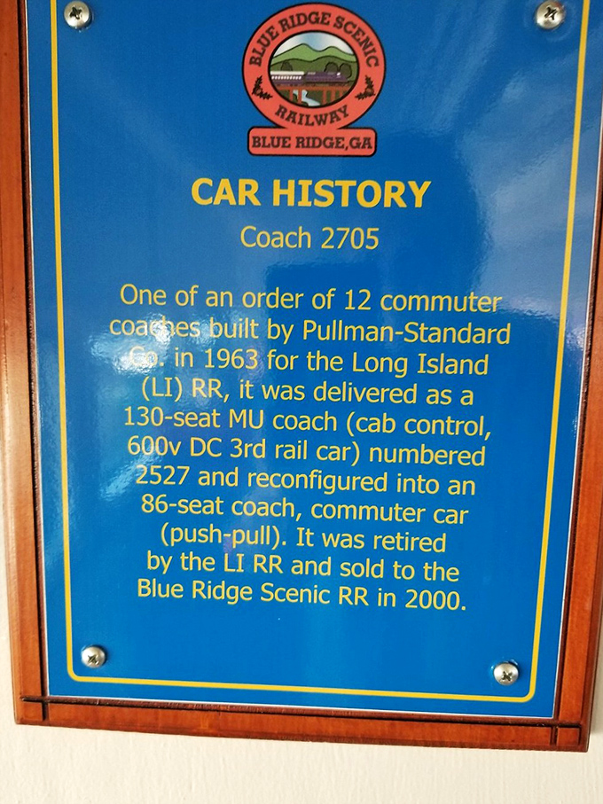 Each coach has its own story&mdash;this plaque reveals Car 2705's previous life commuting on Long Island before finding mountain retirement.