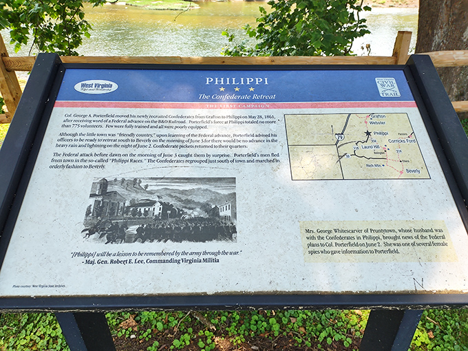 Civil War history comes alive through this informative marker, detailing the "Philippi Races" where Confederate soldiers made a hasty retreat across these very waters.