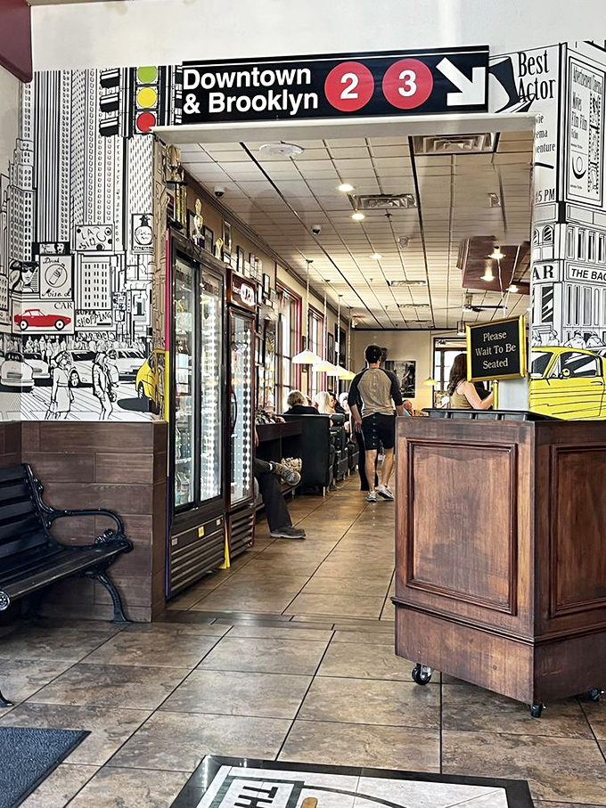 The entrance features New York subway-inspired d&eacute;cor&mdash;a playful reminder of this deli's East Coast soul in its Western home.