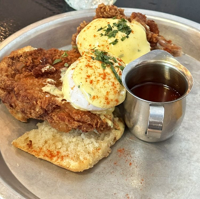Eggs Benedict gets a Southern makeover with crispy chicken and hot honey&mdash;brunch will never be the same after this revelation. 