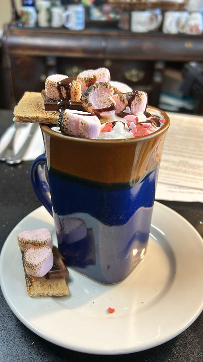 Hot cocoa crowned with marshmallows and graham crackers &ndash; because sometimes breakfast needs a sweet finale.