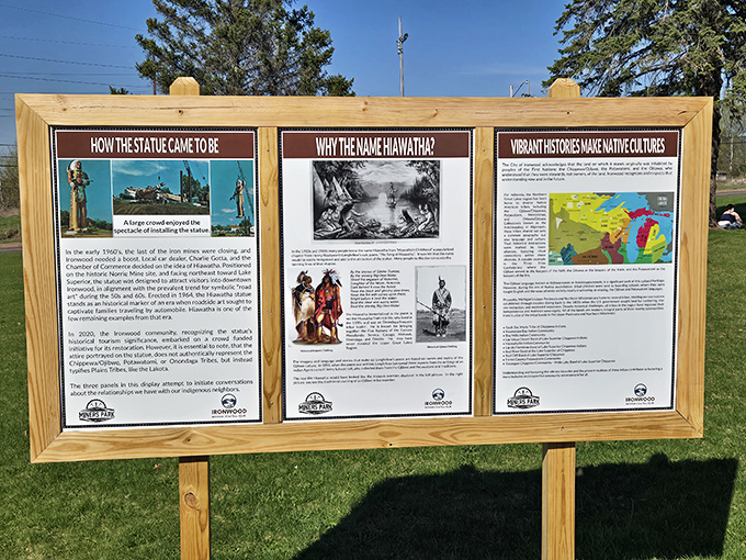 The information board answers all your burning questions, like "Why is there a 52-foot Hiawatha in Ironwood?" (Spoiler: tourism)