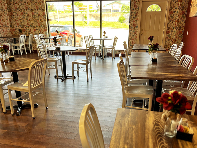 Simple tables and chairs invite you to sit and savor every bite. No distractions from the serious business of pie appreciation.