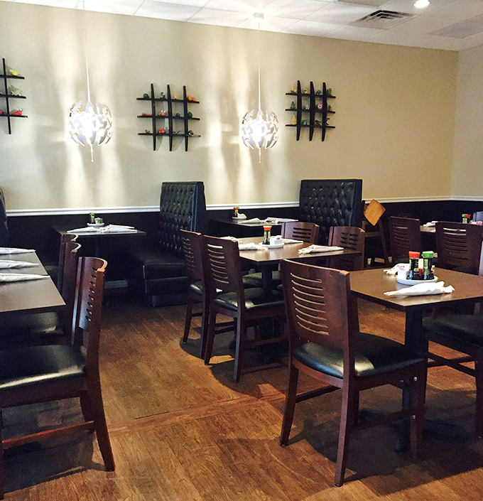 The dining room's warm wood tones and comfortable seating invite you to linger over just one more bite.