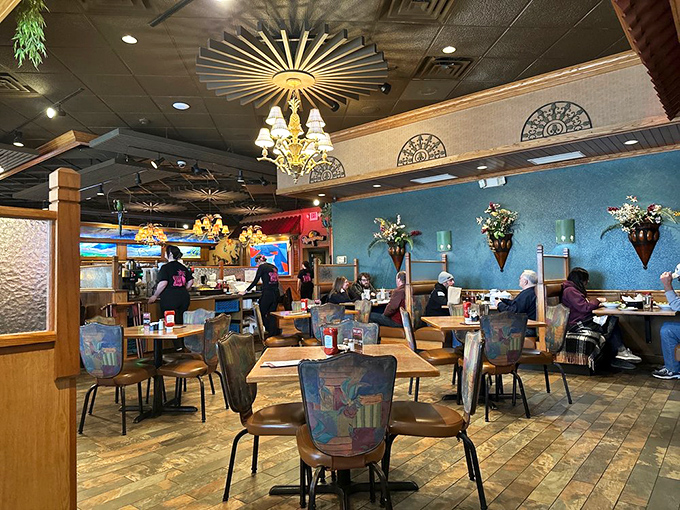 The dining room's sunburst ceiling details aren't just decorative&mdash;they're like a spotlight focusing your attention on the real star: what's on your plate.