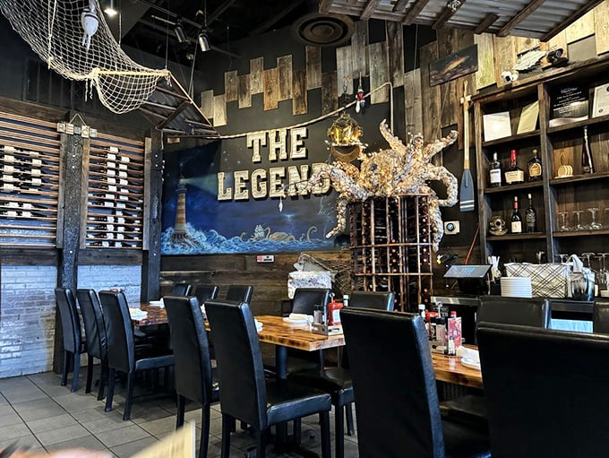 The rustic charm of reclaimed wood walls and "The Legend" sign create an atmosphere that feels like a secret coastal hideaway discovered by happy accident.