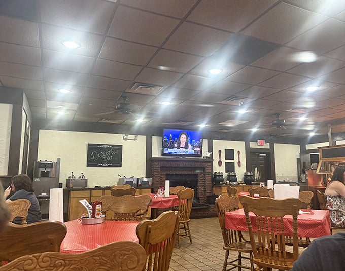 Simple décor with a fireplace and wooden chairs creates that "grandma's dining room" vibe where you know you'll never leave hungry.